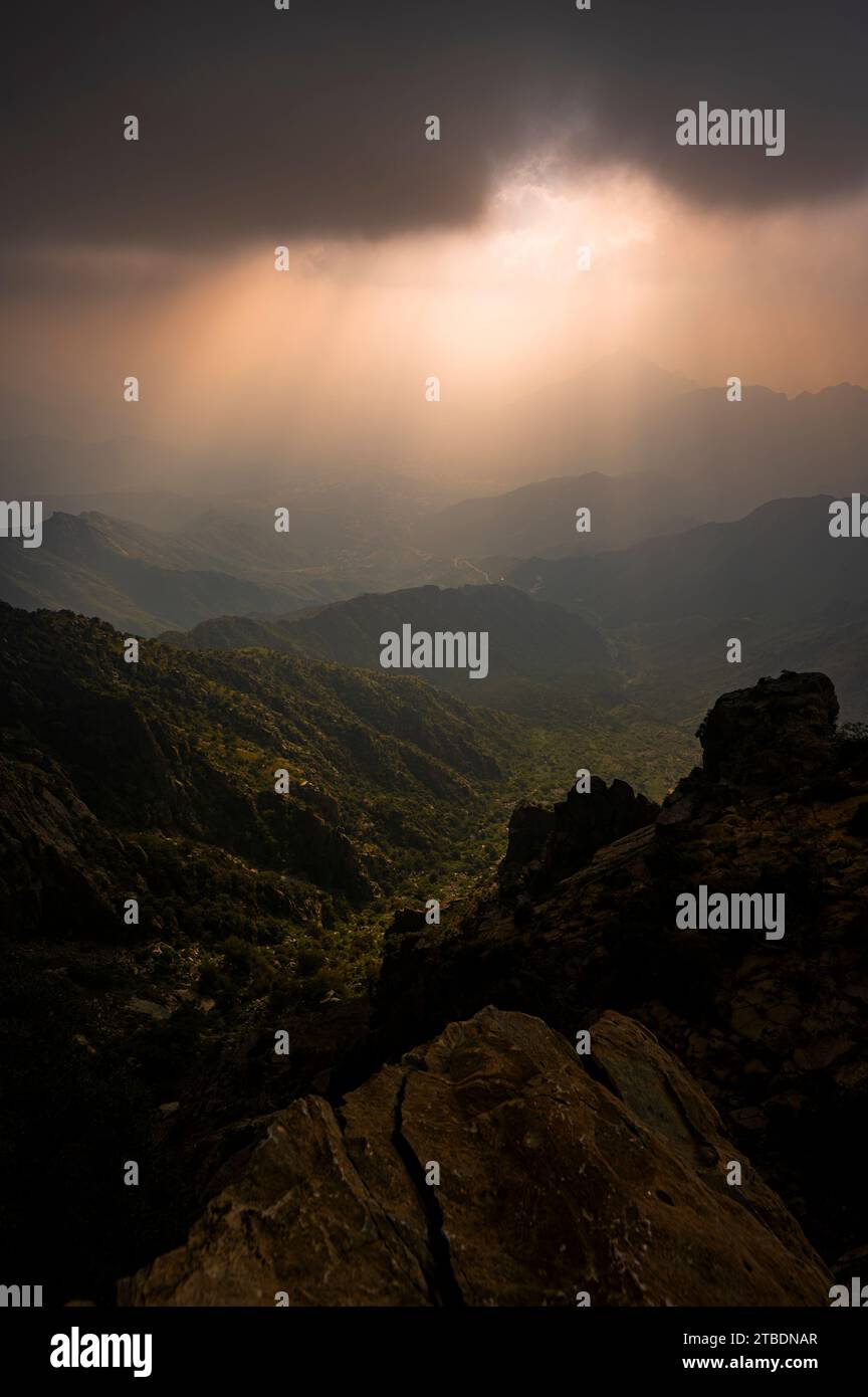 Dramatic and picturesque mountain landscape. Sunset from Jabal Mareer ...