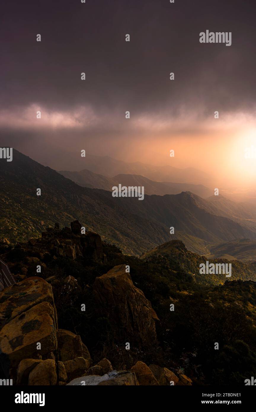 Dramatic and picturesque mountain landscape. Sunset from Jabal Mareer ...