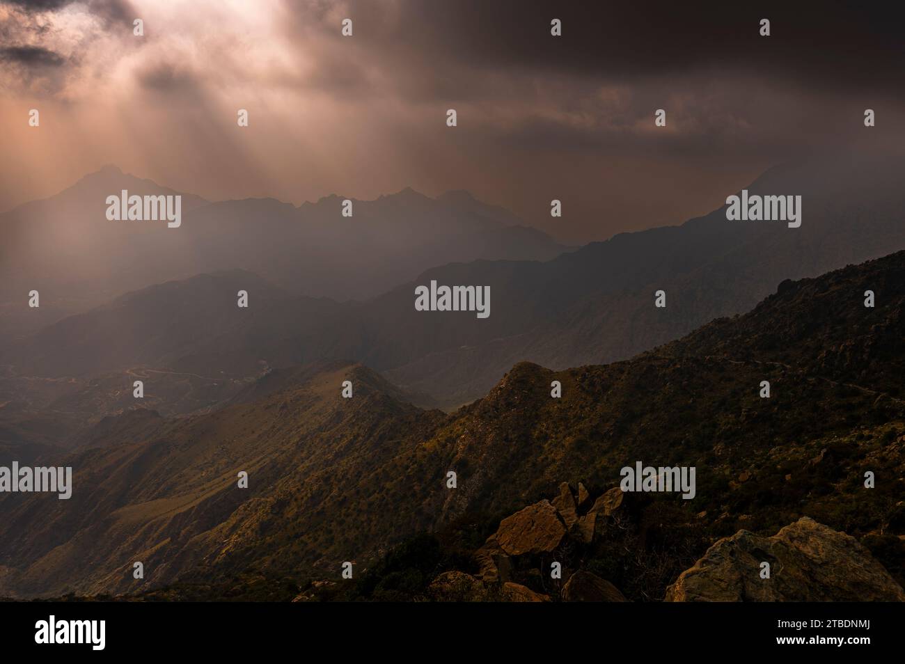 Dramatic and picturesque mountain landscape. Sunset from Jabal Mareer ...