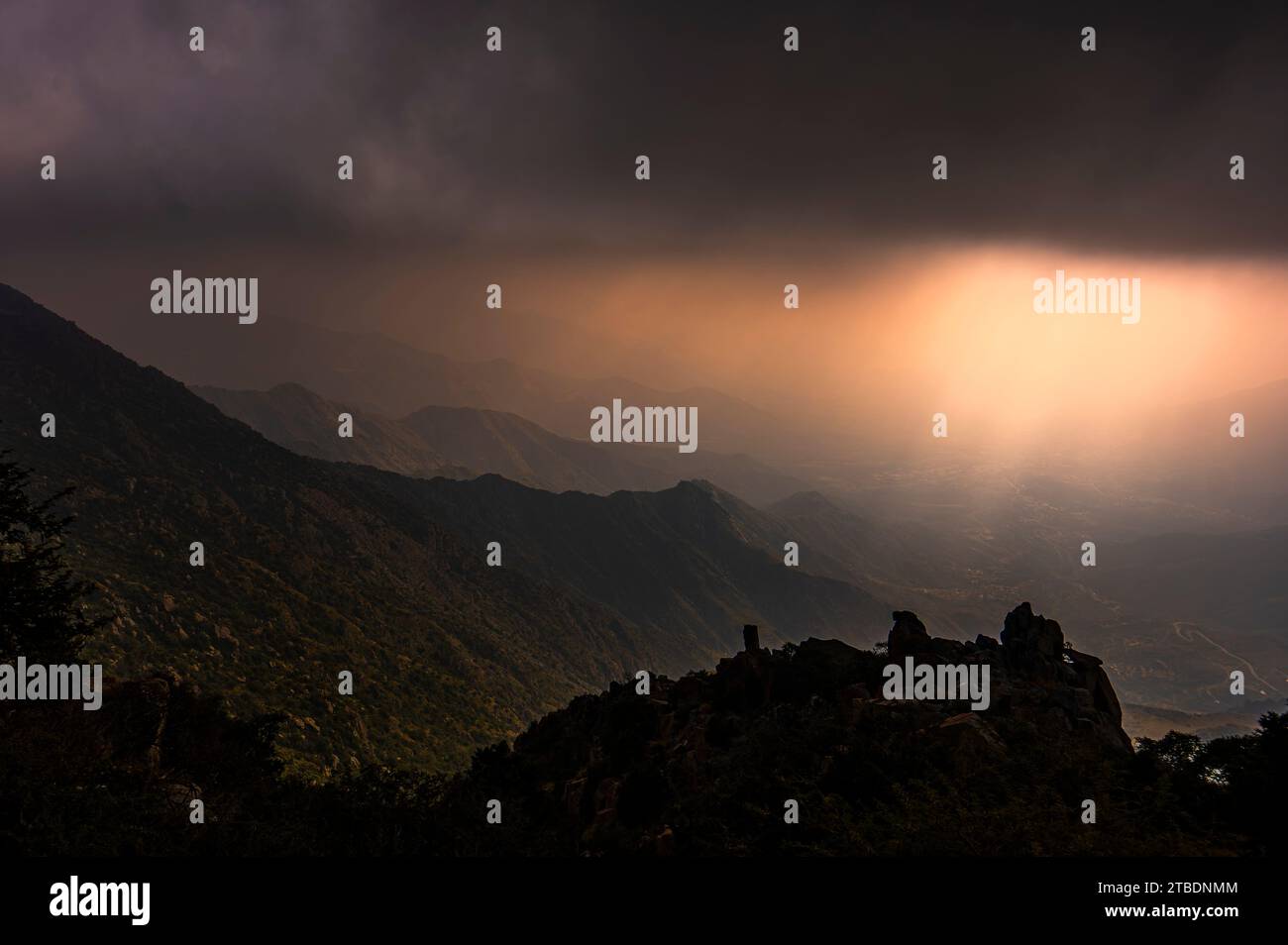 Dramatic and picturesque mountain landscape. Sunset from Jabal Mareer ...