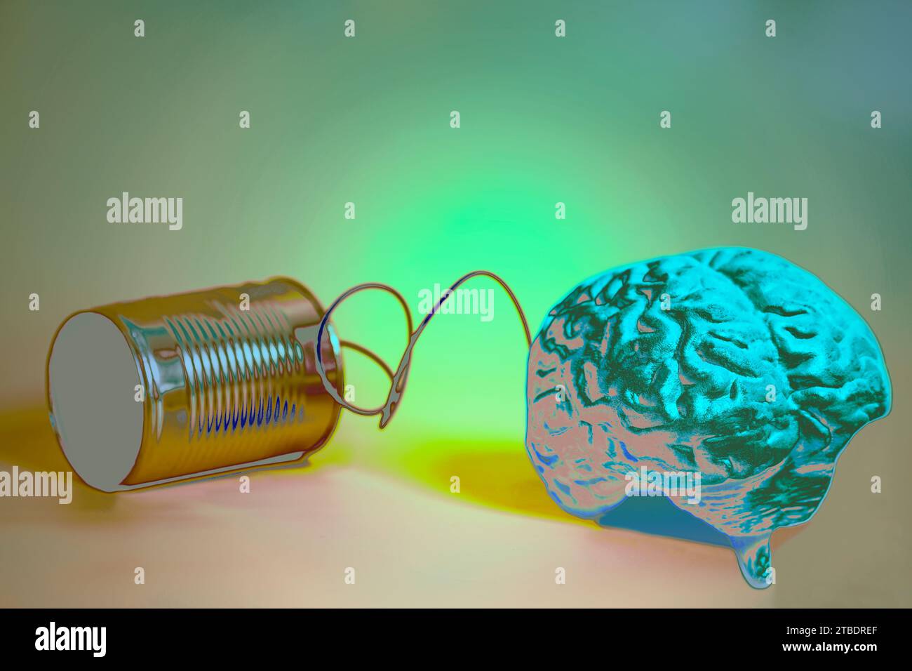 tin can phone with human brain anatomical model. communication concept ...