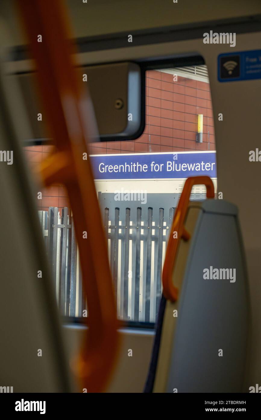 Greenhithe For Bluewater station sign taken from inside train Stock ...