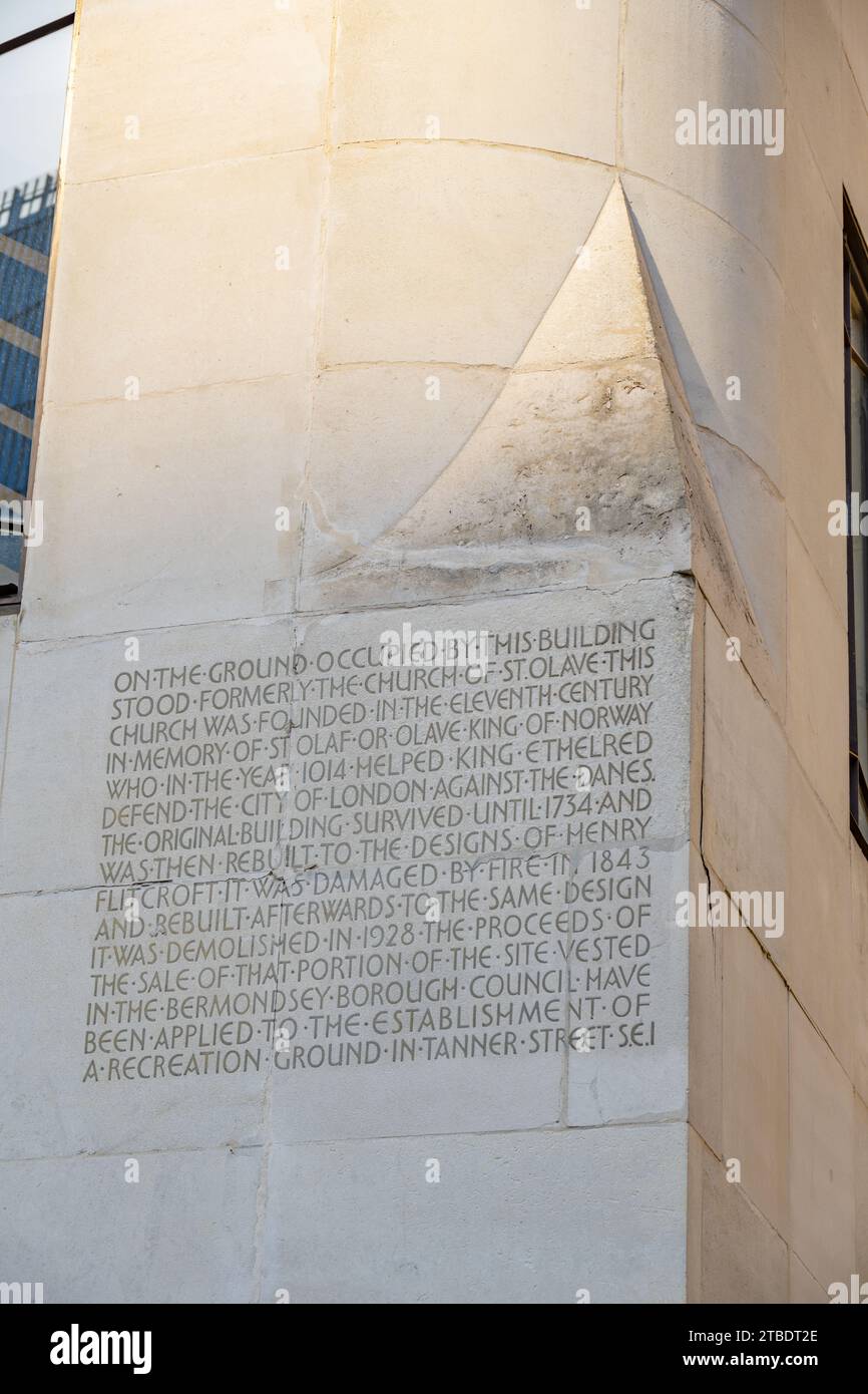 Information sign on the Art Deco front of St Olaf House, Tooley St ...