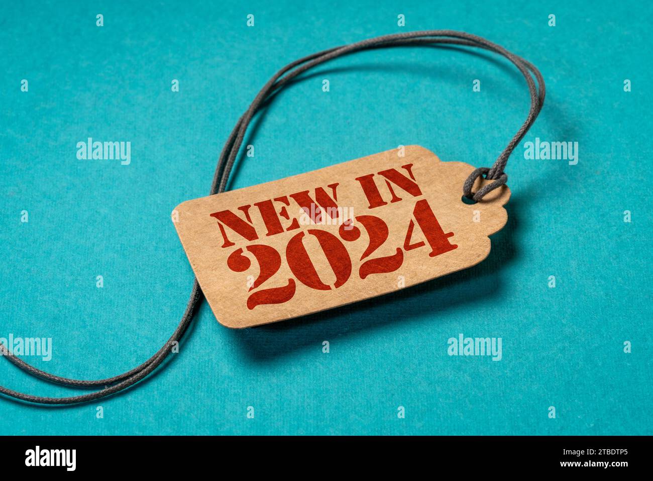 new in 2024 - red stencil text on a paper price tag against blue paper ...