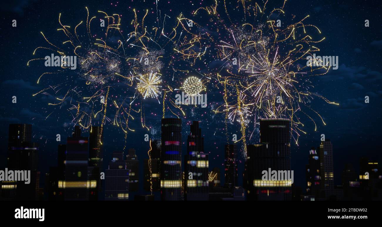 Brightly colorful fireworks in big city for New Years, Christmas ...