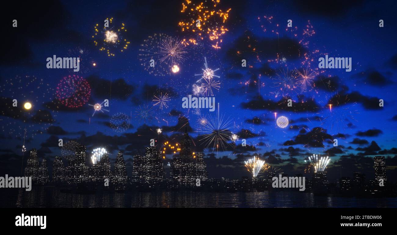 Brightly colorful fireworks in big city for New Years, Christmas ...