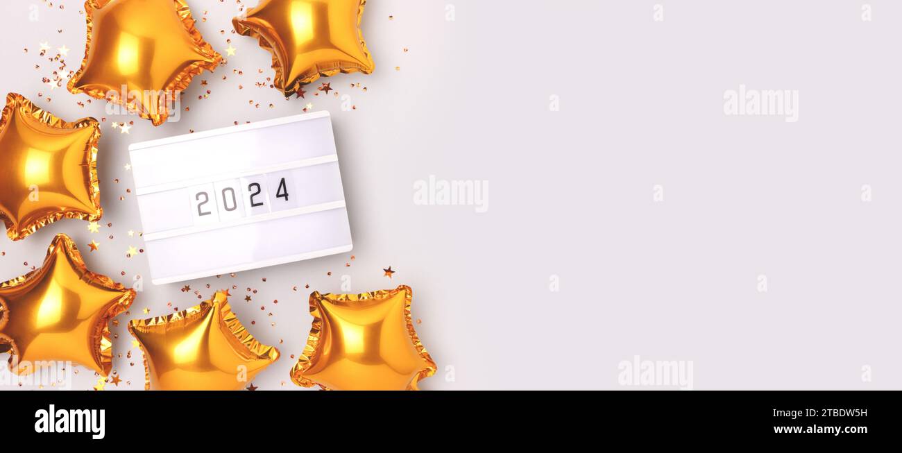 Banner with 2024 numbers on a gray background. Golden stars confetti ...