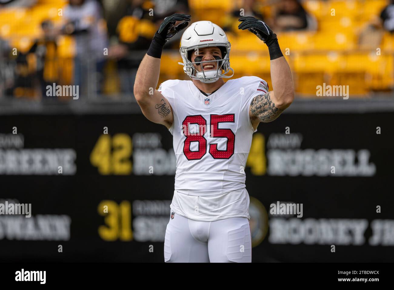 Arizona Cardinals tight end Trey McBride (85) gestures before an NFL ...