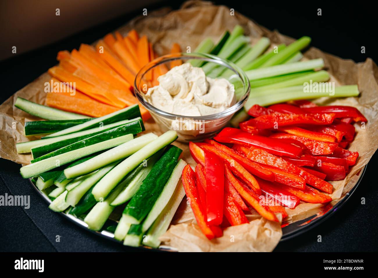 Vegetables cut into strips: cucumber, red bell pepper, carrots, celery ...
