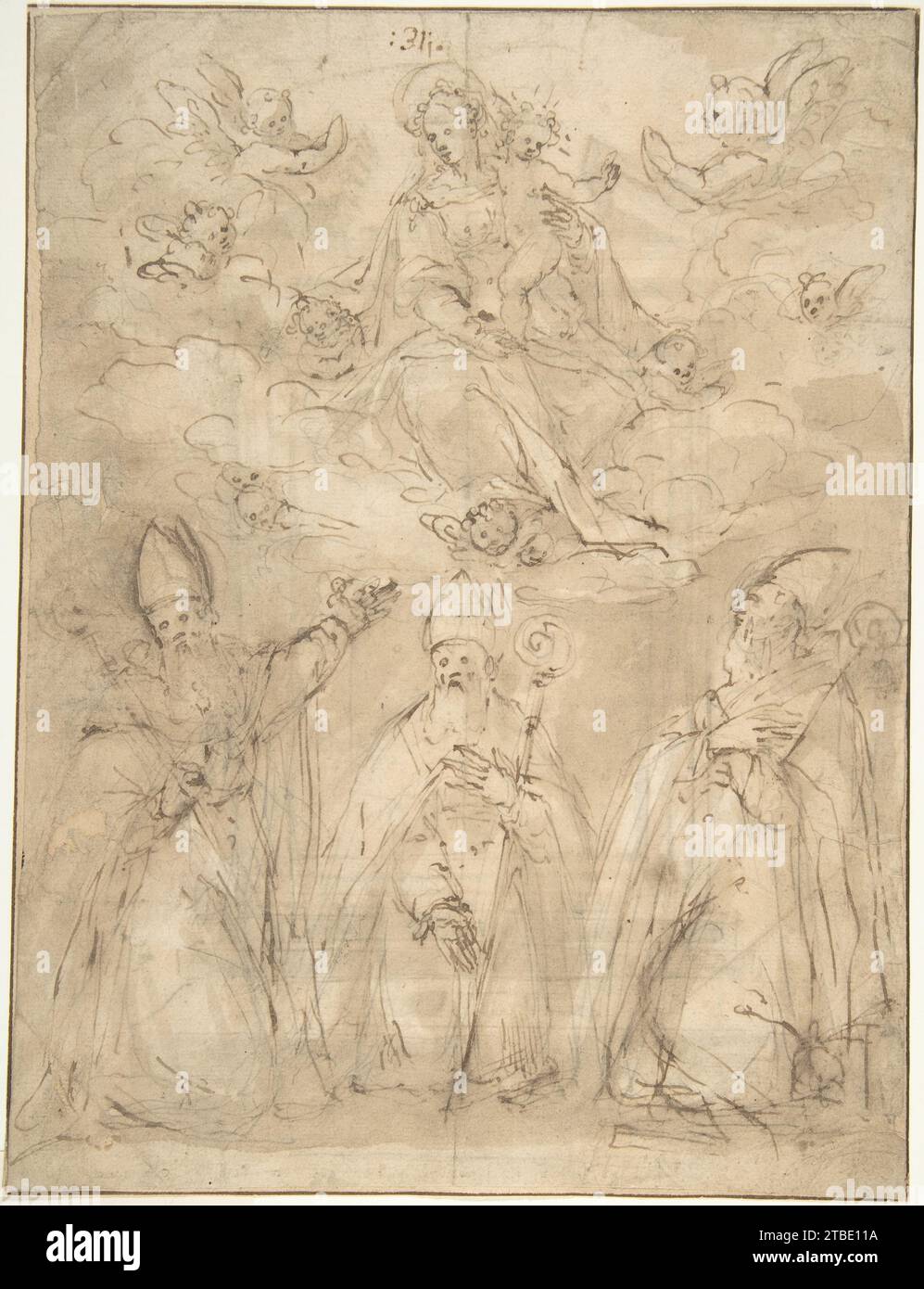 Virgin And Child Worshipped By Three Bishops 1960 By Anonymous Italian