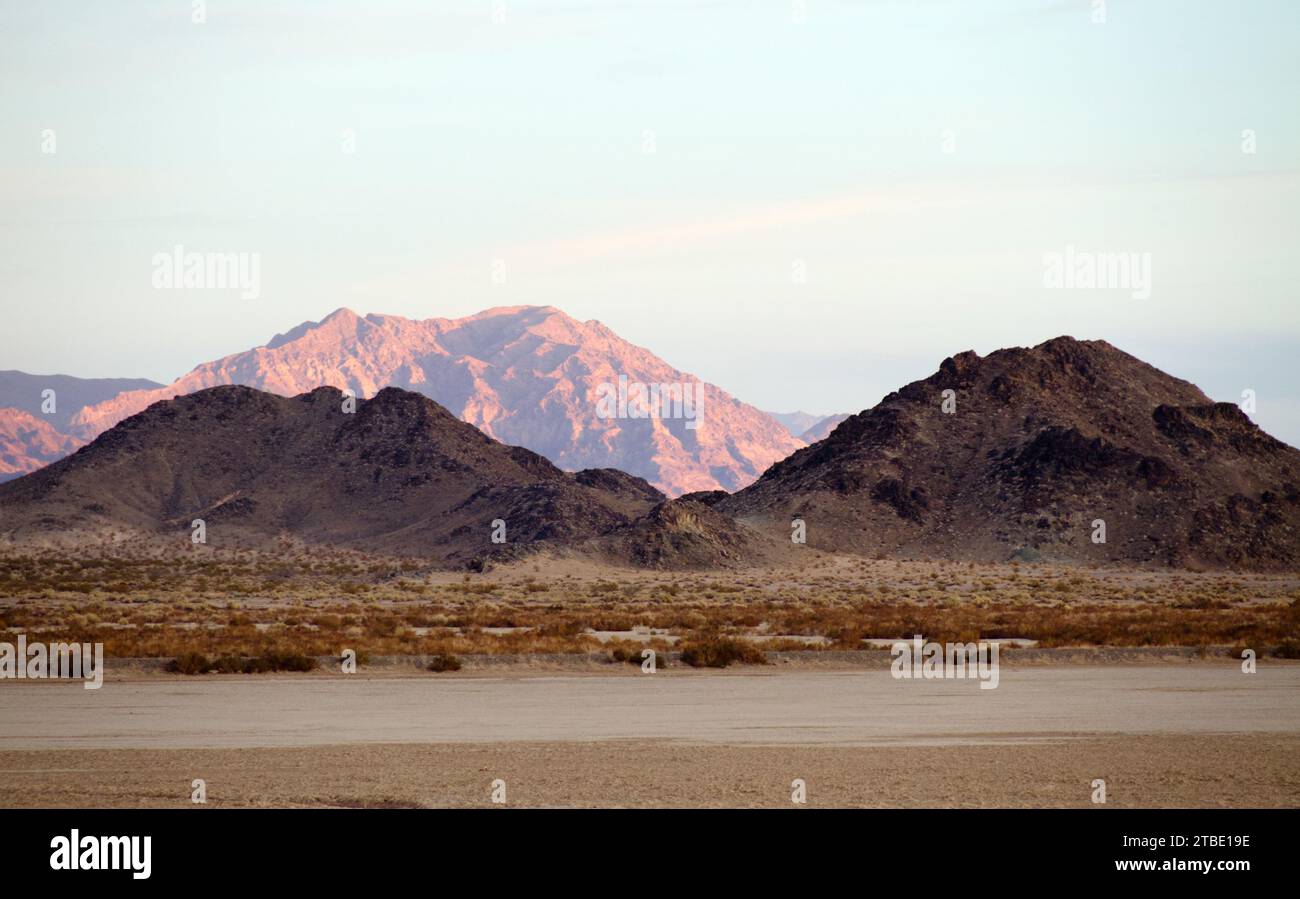 the California desert near Interstate 15 at twilight on a winter day ...