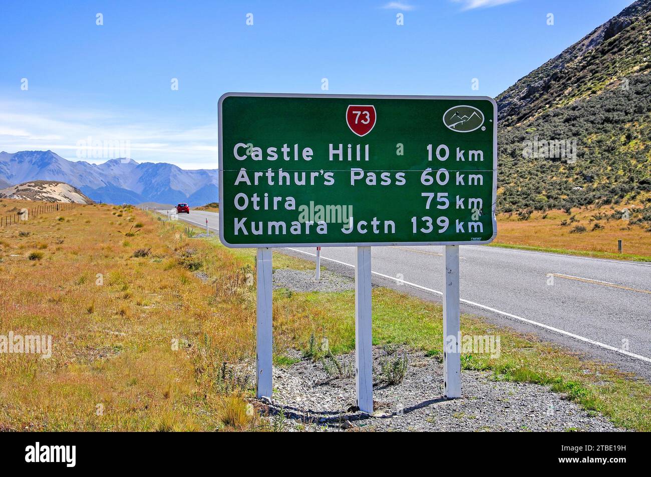 Road distance sign on State Highway 73, Canterbury Region, South Island ...