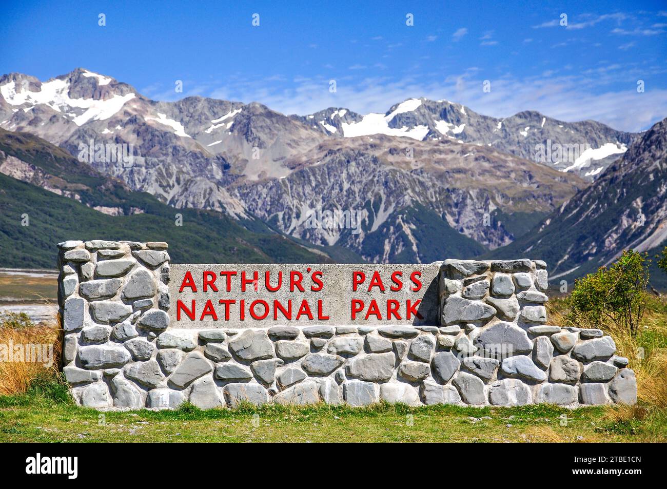 Sign at entrance to Arthur's Pass National Park, Canterbury Region ...