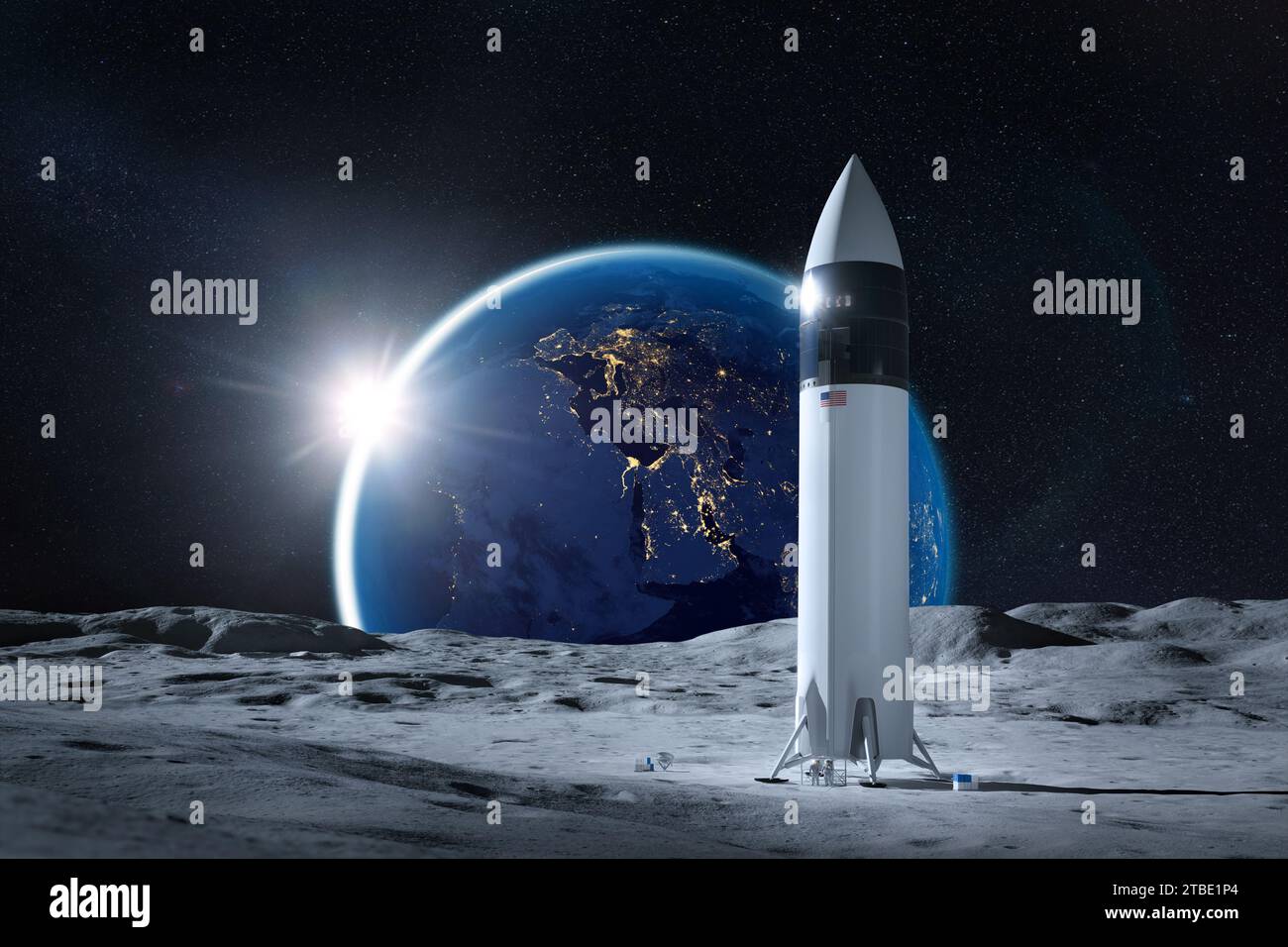 Starship spacecraft on Moon surface with night Earth. Artemis space ...
