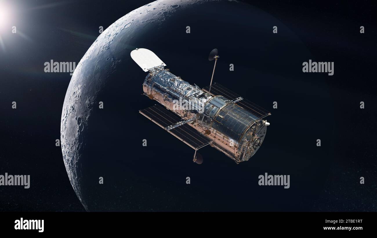 The Hubble space telescope on low-orbit of the Moon in outer space ...