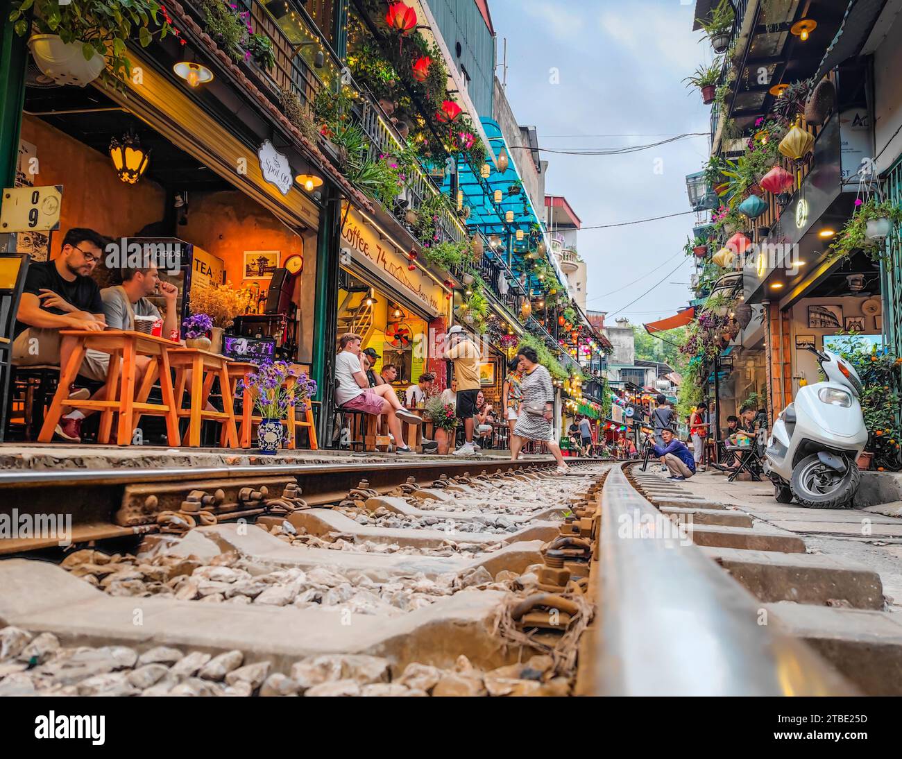 Hanoi, Vietnam - 04 30 2023: Hanoi train street in Vietnam. A narrow ...