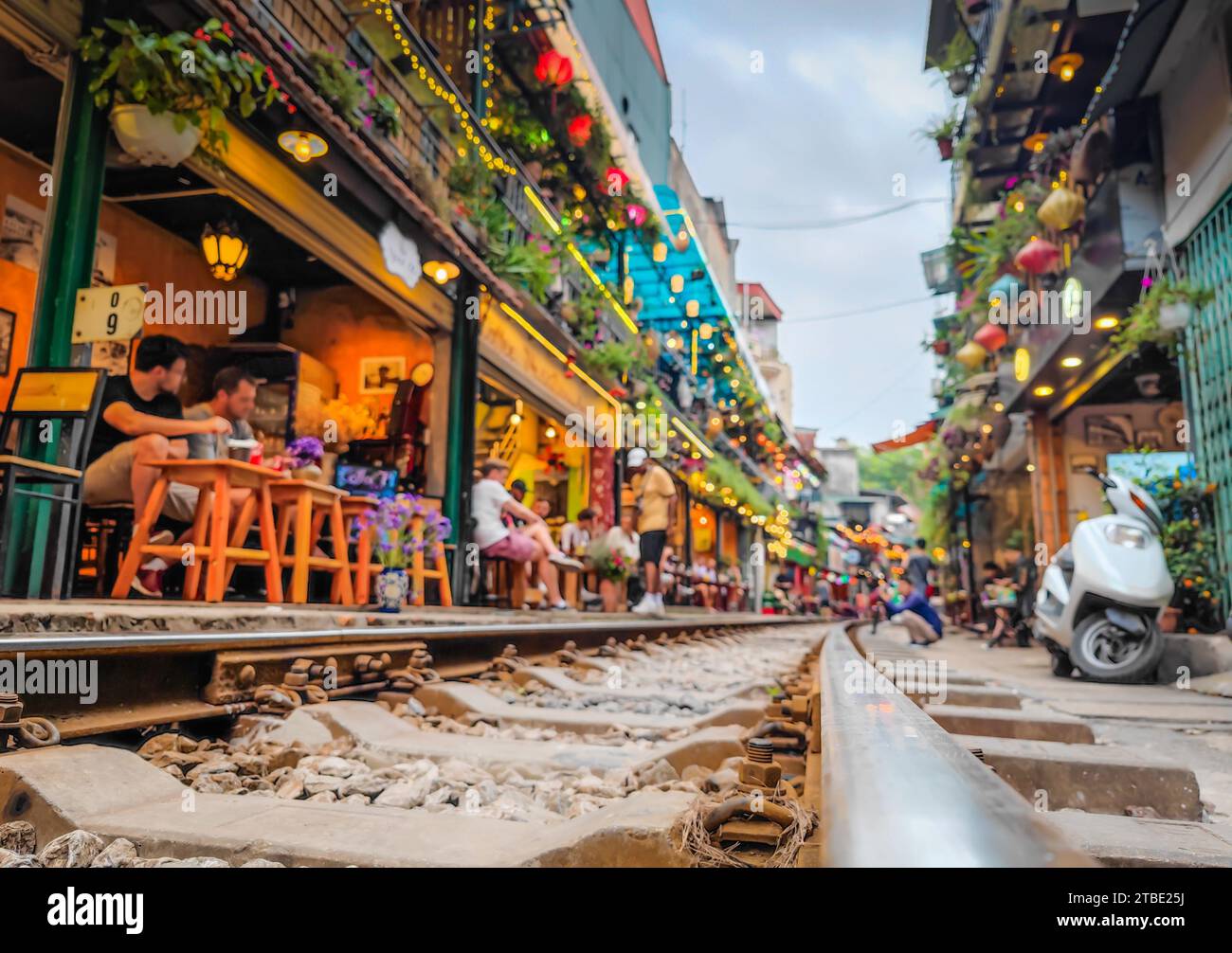 Hanoi train street in Vietnam. A narrow street of the Hanoi Old Quarter ...