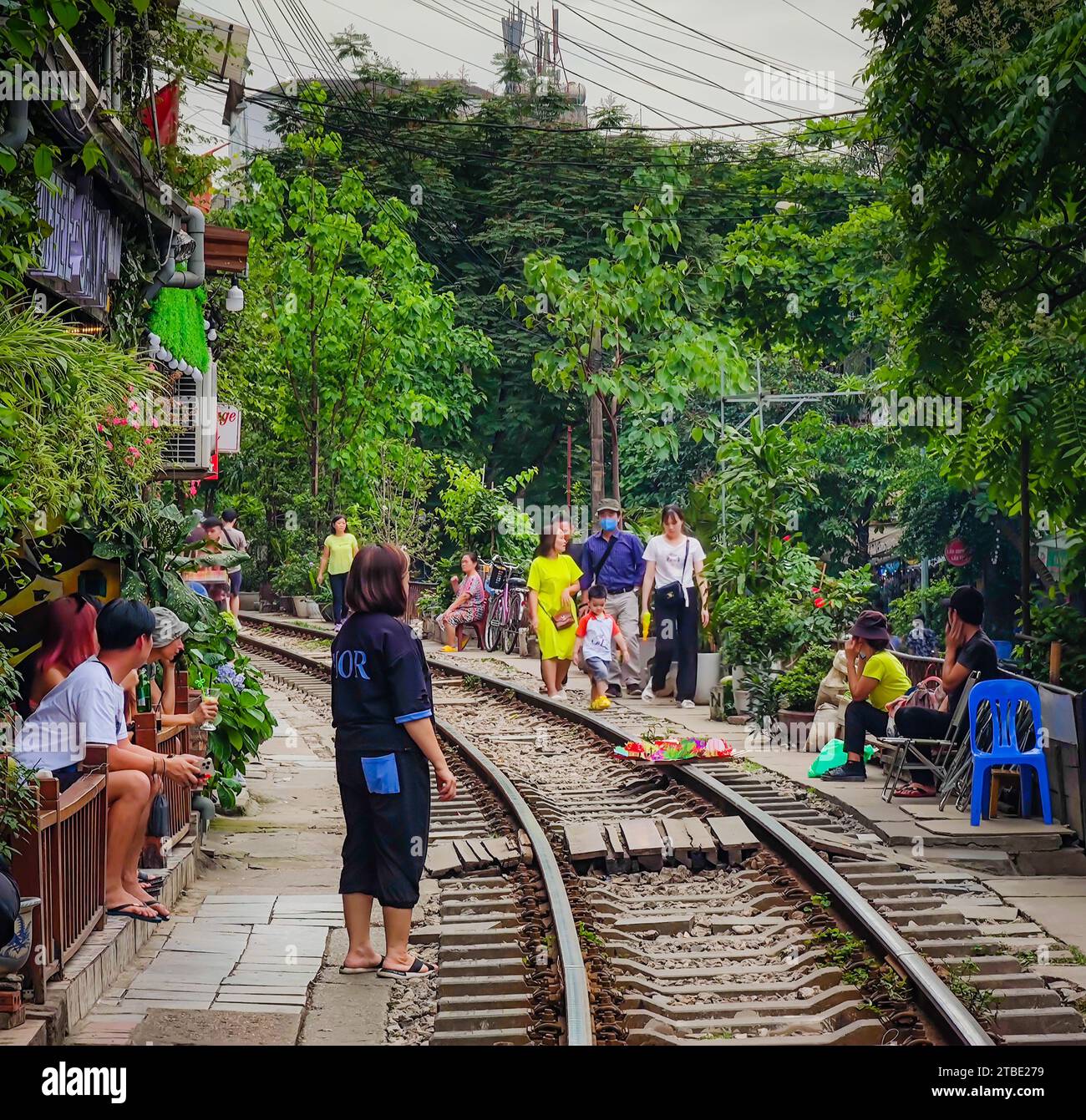 Hanoi, Vietnam - 04 30 2023: Hanoi train street in Vietnam. A narrow ...