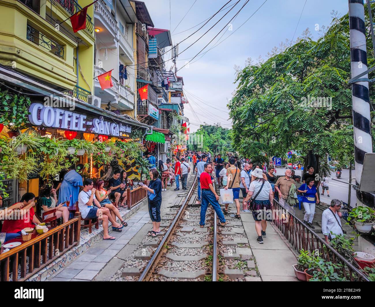 Hanoi, Vietnam - 04 30 2023: Hanoi train street in Vietnam. A narrow ...