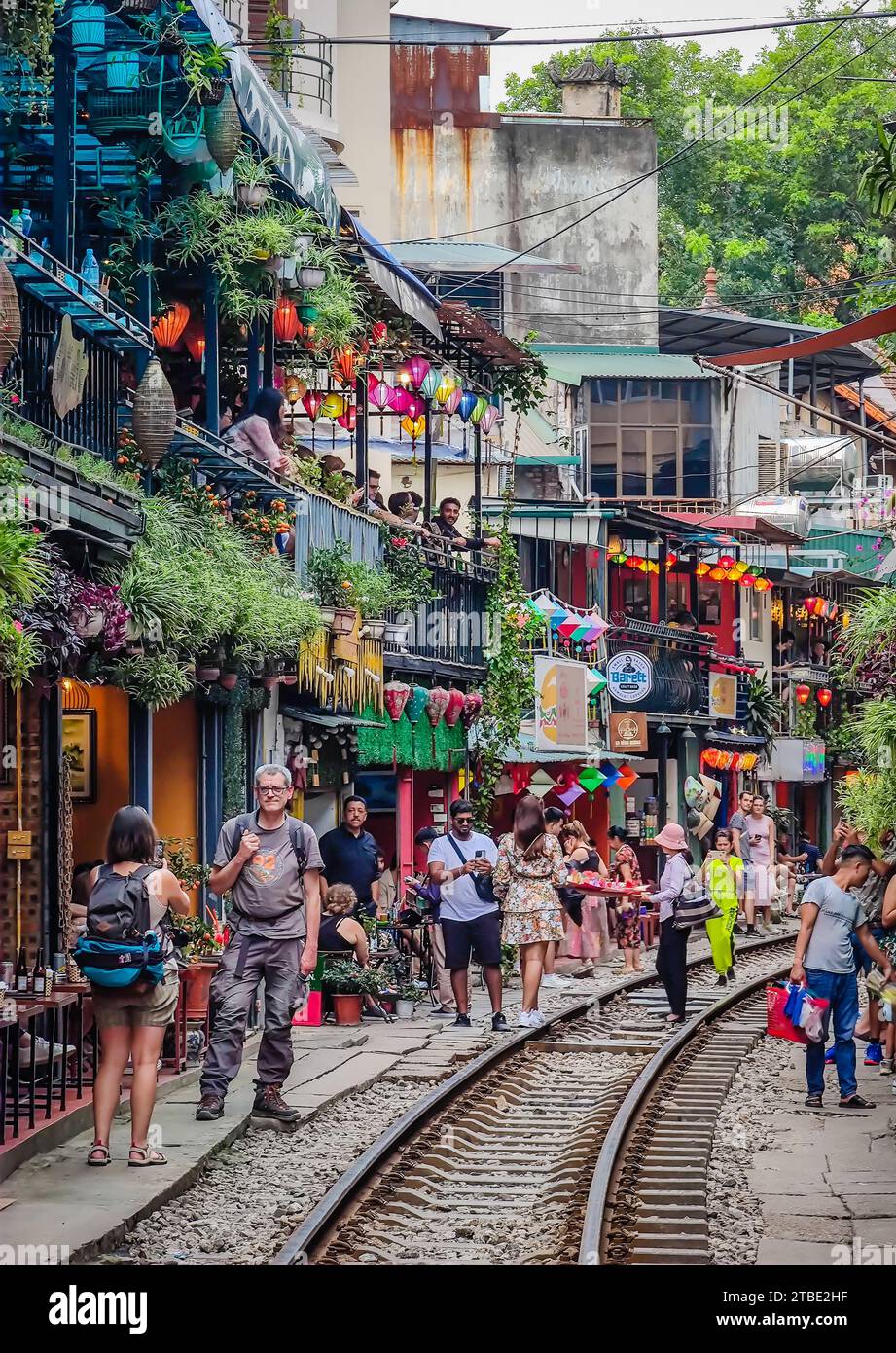 Hanoi, Vietnam - 04 30 2023: Hanoi train street in Vietnam. A narrow ...