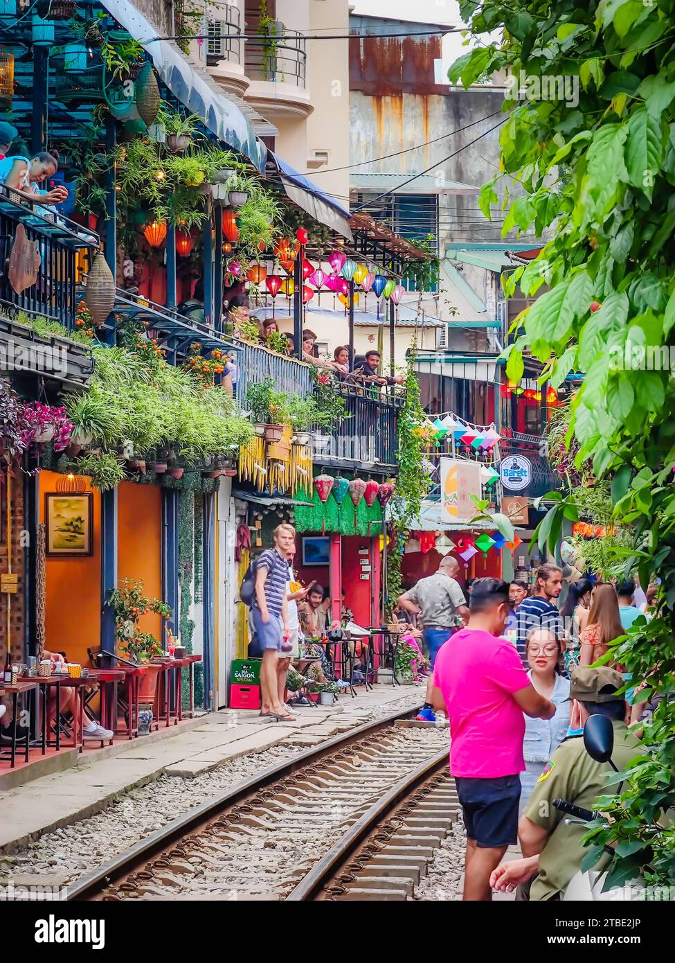 Hanoi, Vietnam - 04 30 2023: Hanoi train street in Vietnam. A narrow ...
