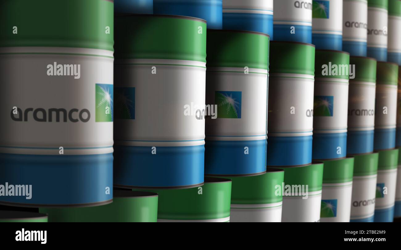 Poznan, Poland, December 6, 2023: Saudi Aramco Oil Company barrels in ...