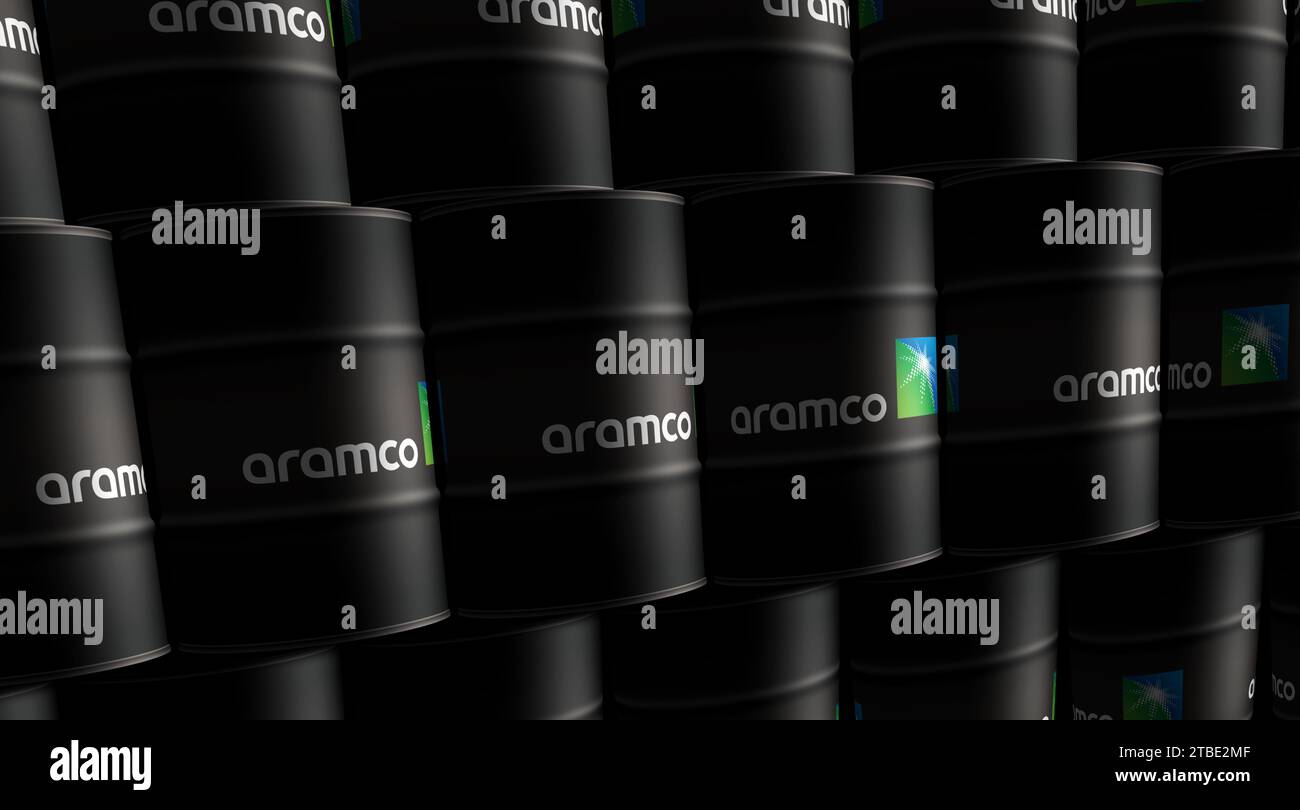 Poznan, Poland, December 6, 2023: Saudi Aramco Oil Company barrels in ...