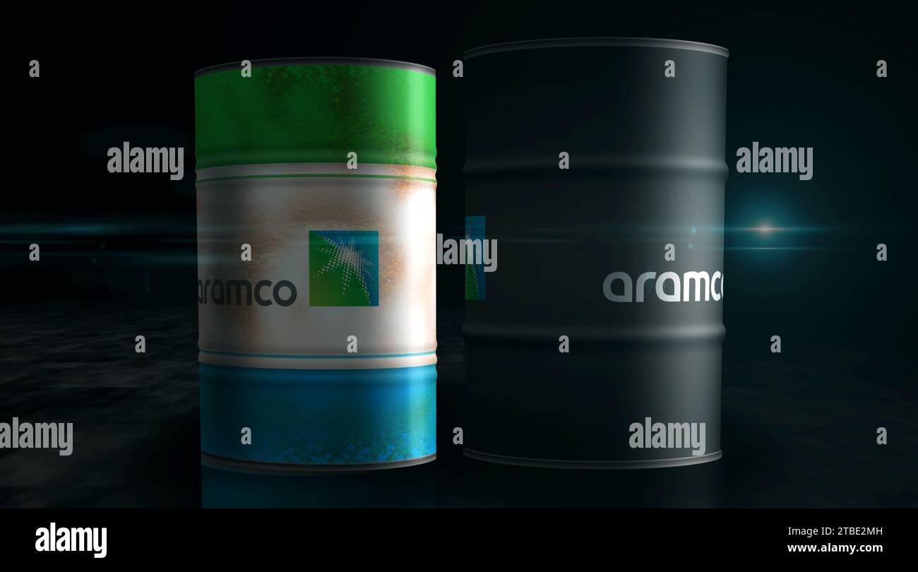Poznan, Poland, December 6, 2023: Saudi Aramco Oil Company barrels in ...