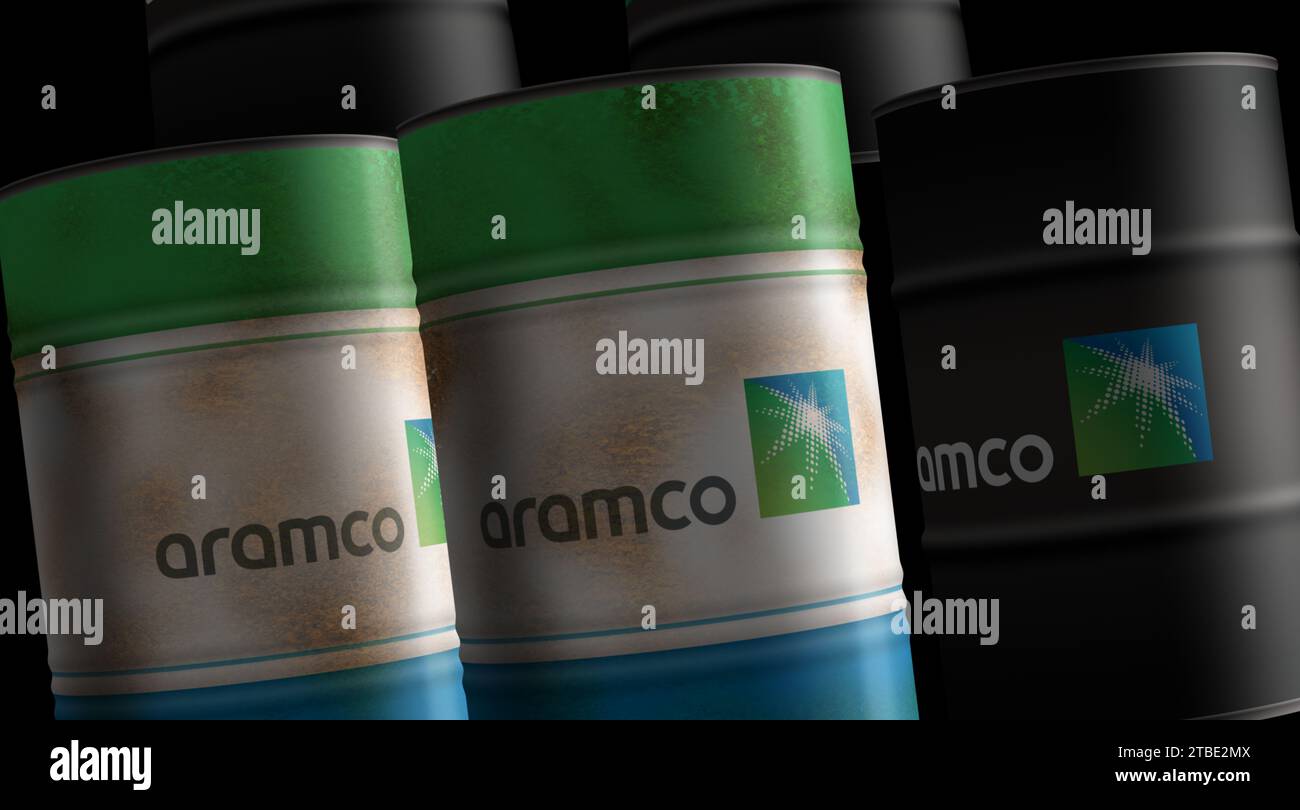 Poznan, Poland, December 6, 2023: Saudi Aramco Oil Company barrels in ...