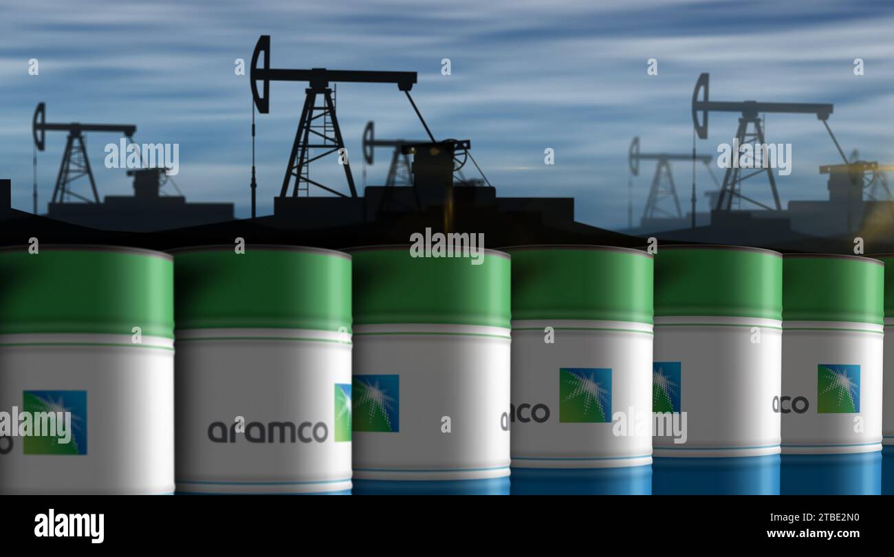 Poznan, Poland, December 6, 2023: Saudi Aramco Oil Company barrels in ...