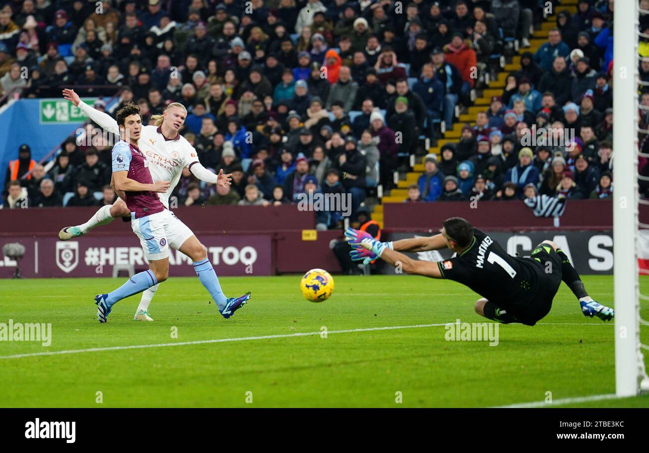 Manchester City's Erling Haaland (centre) sees his shot saved by Aston ...