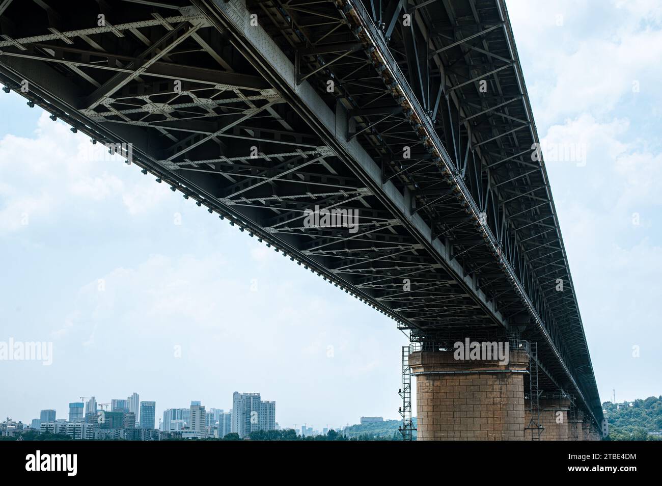 A diverse group of people walking across a bridge, with a view of the ...
