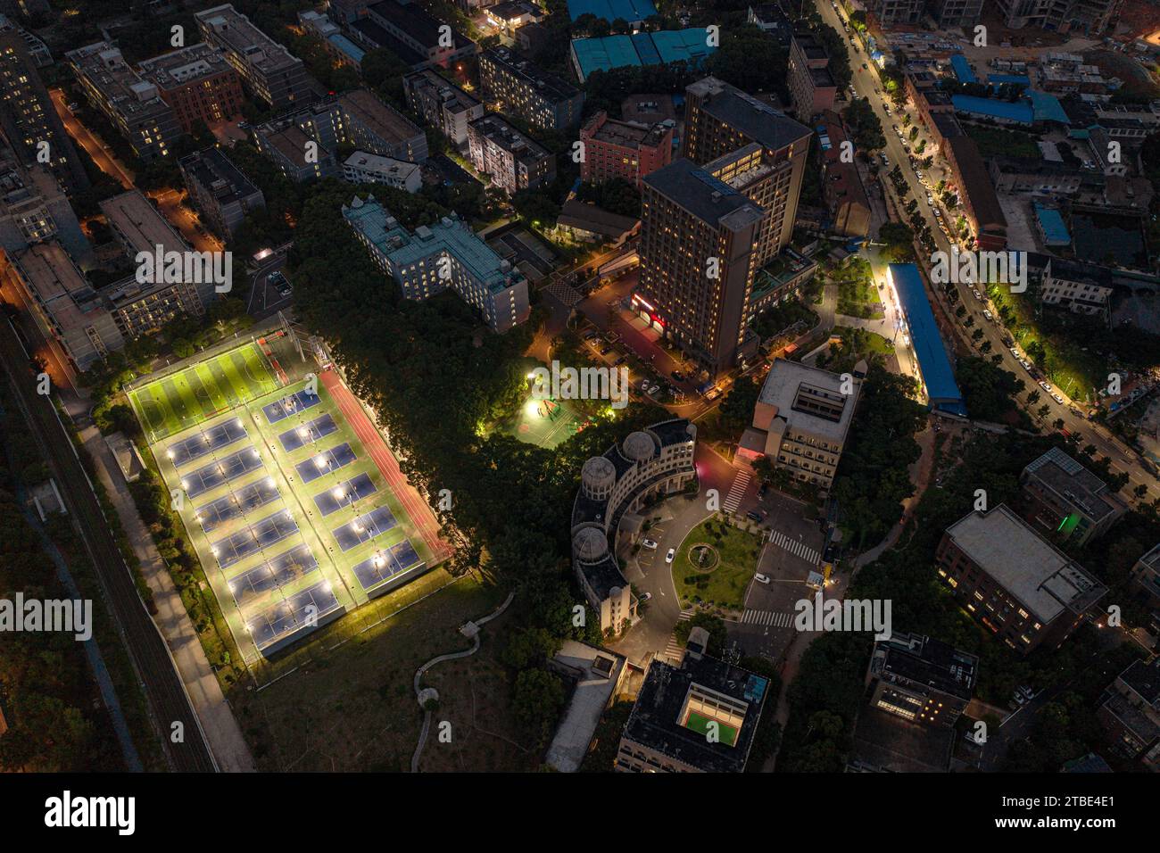 A night view aerial photo of the dormitory area of a university in ...