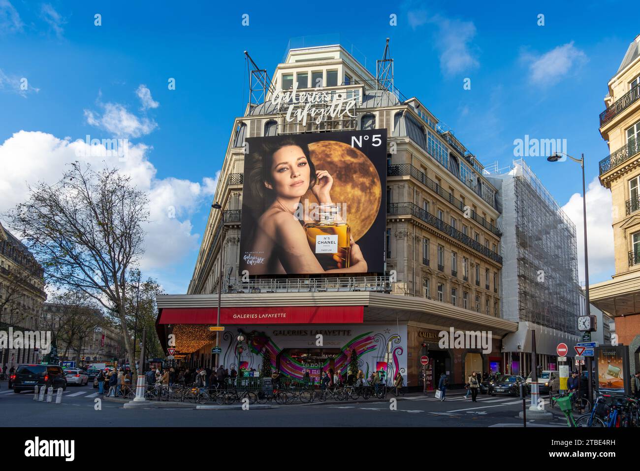 Chanel N°5 perfume advertising billboard starring French actress Marion Cotillard on the facade ...