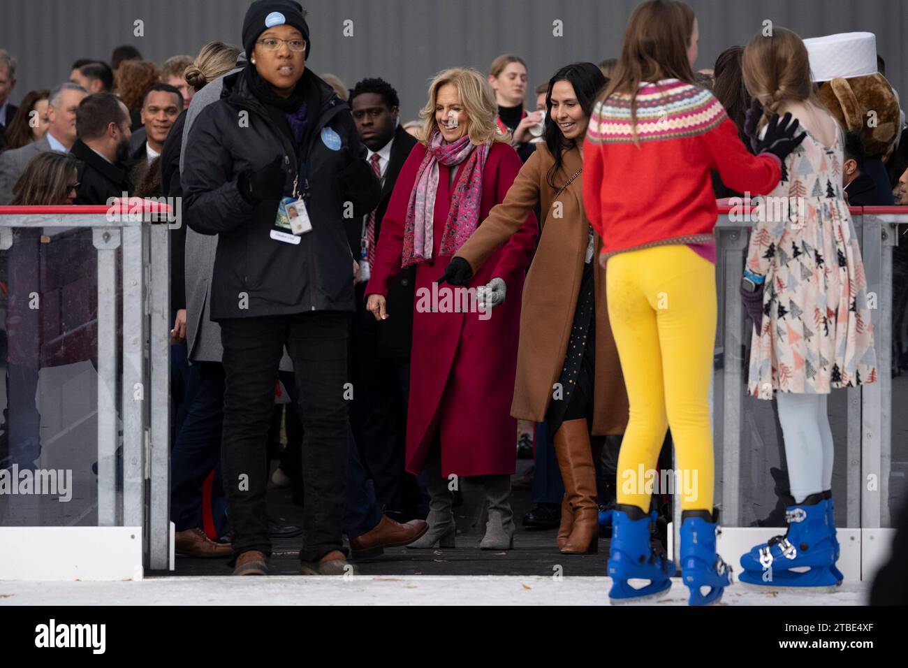 First lady Jill Biden greets guests as they ice skate on the White ...