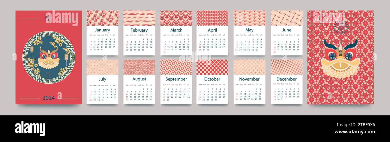 Calendar template for 2024. Vertical design in Chinese theme ...