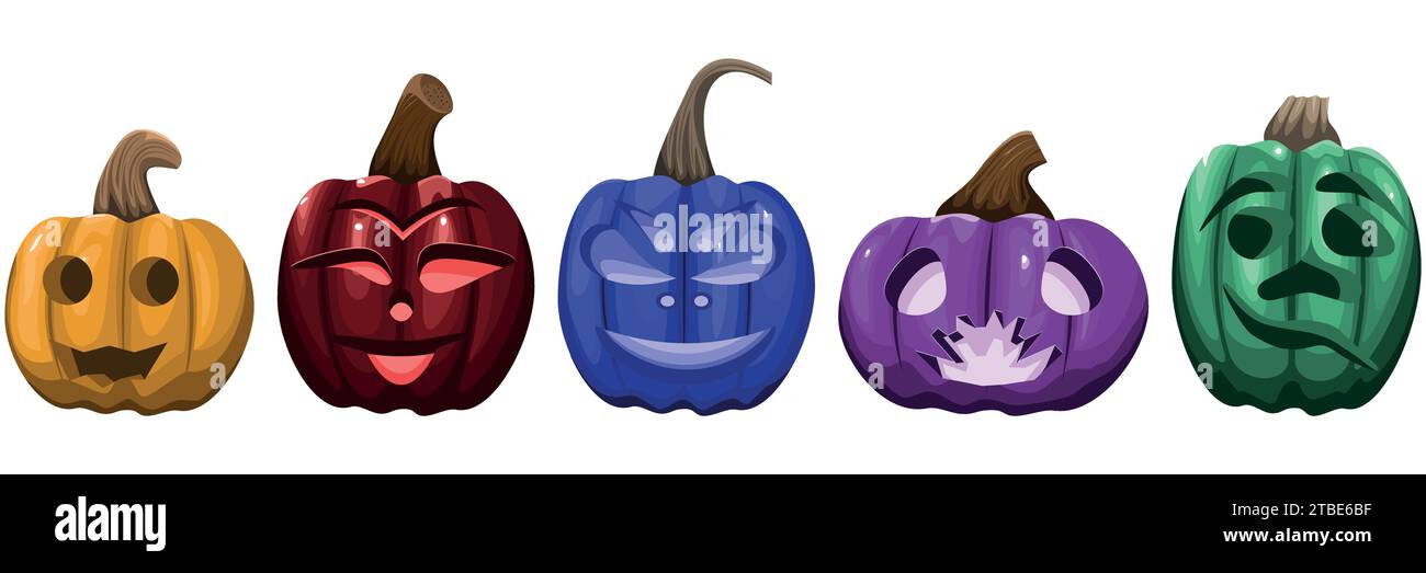 Set of five multi-colored jack-o'-lanterns with various facial ...