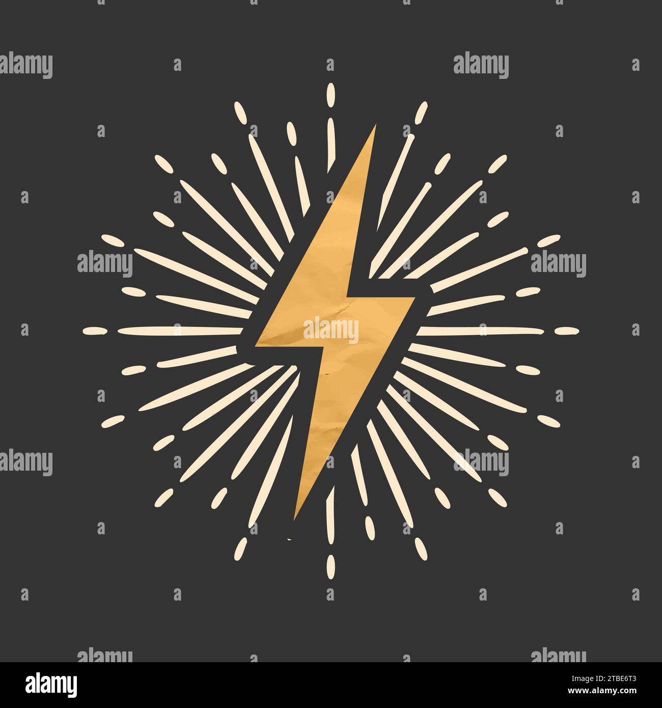 Vintage lightning bolt and sunrays. Lightnings with crumpled paper ...