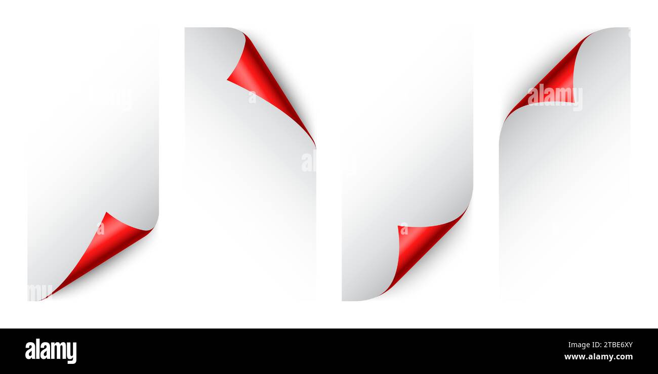 Set of red paper curls. Curled page corner with shadow. Blank sheet of ...