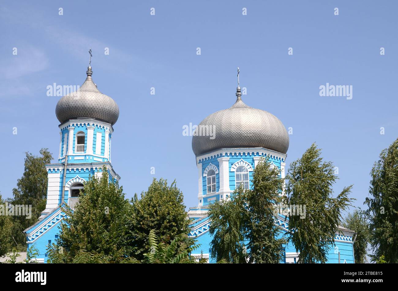 PAVLOHRAD, UKRAINE - AUGUST 13, 2019 Silver domes of Church of the ...