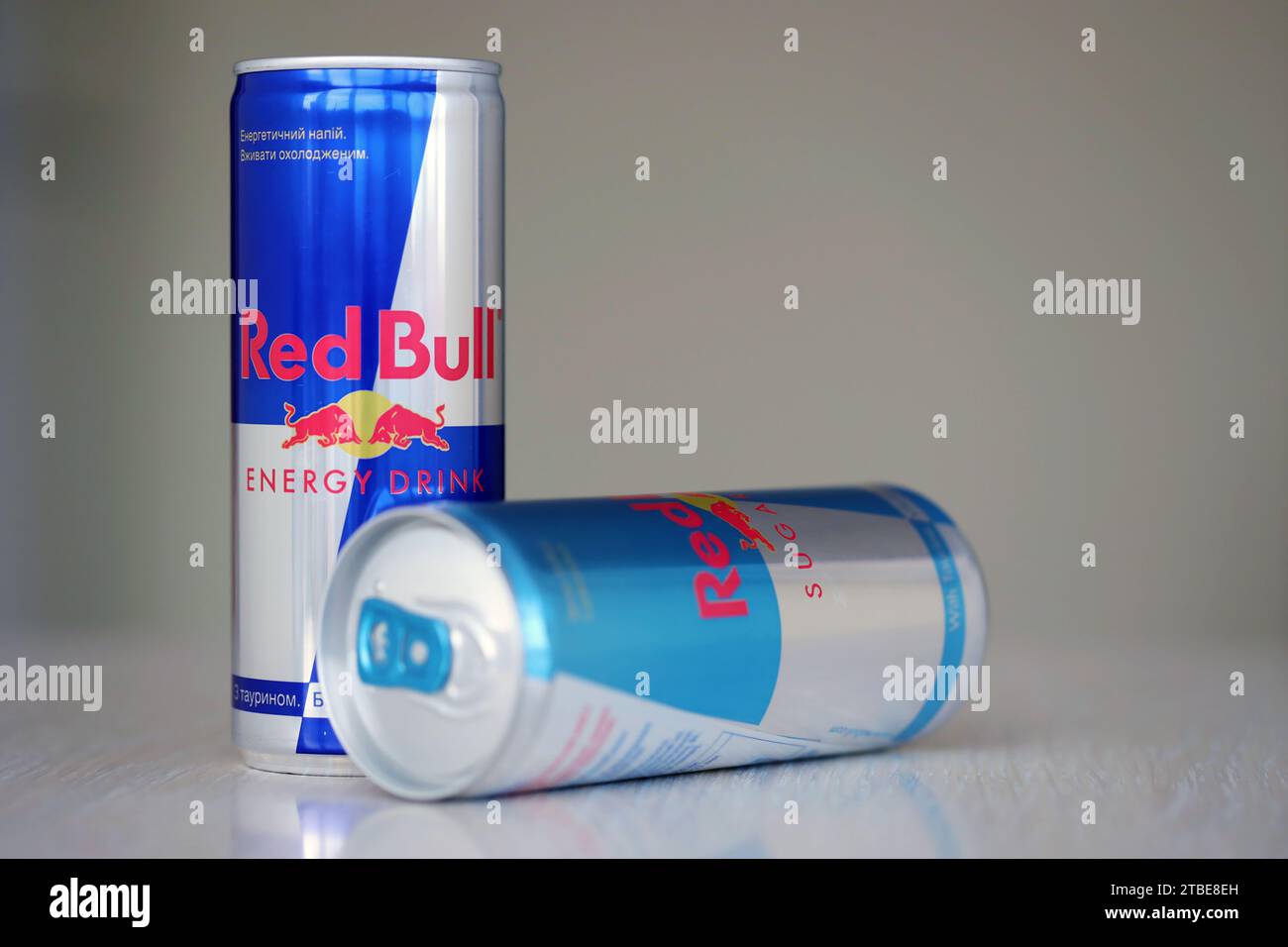 TERNOPIL, UKRAINE - JULY 7, 2023 Red Bull energy drink aluminium tin ...