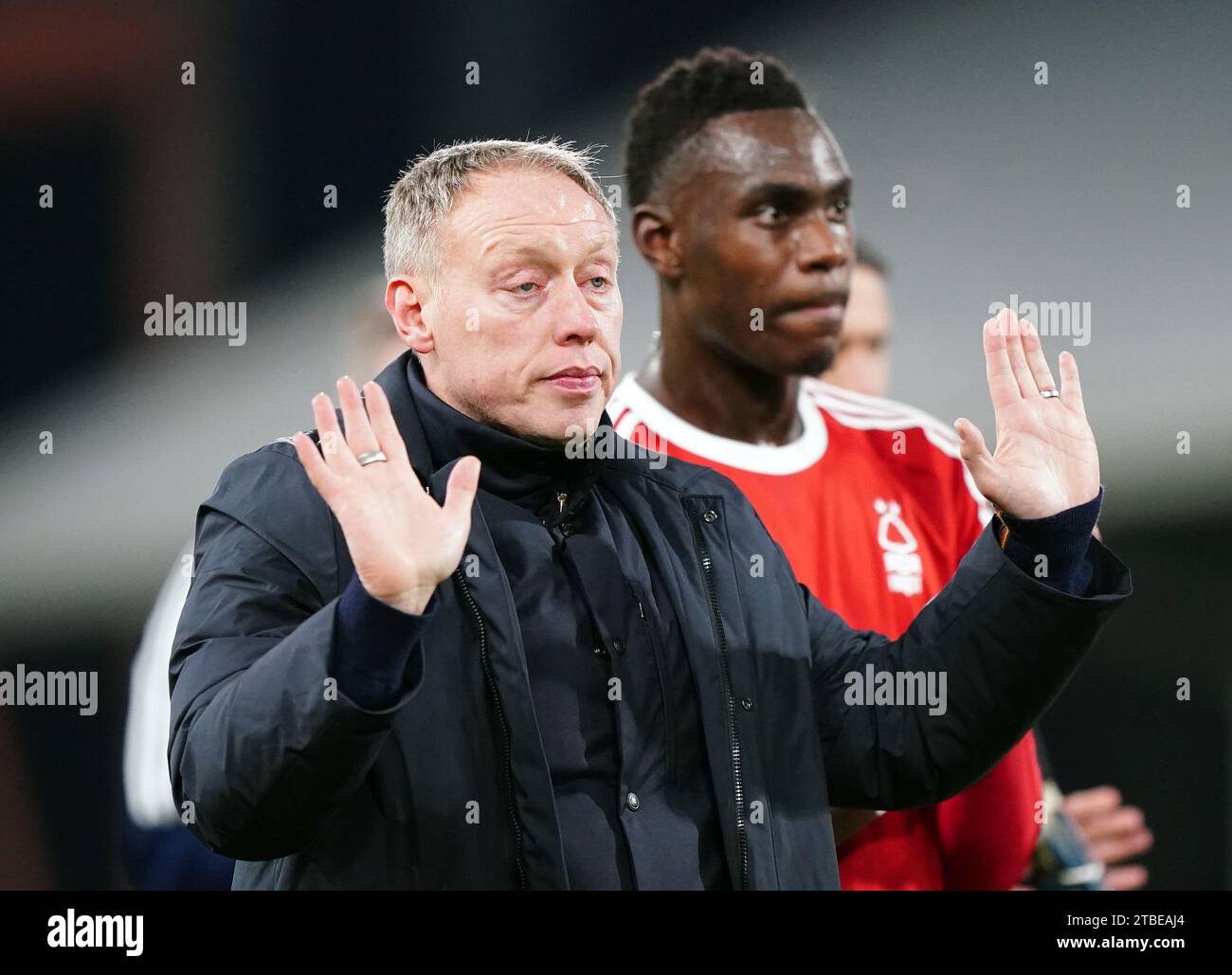 Nottingham Forest manager Steve Cooper holds his hands up toward the ...