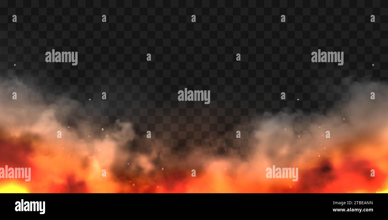 Realistic smoke clouds and fire. Flame blast, explosion. Stream of ...