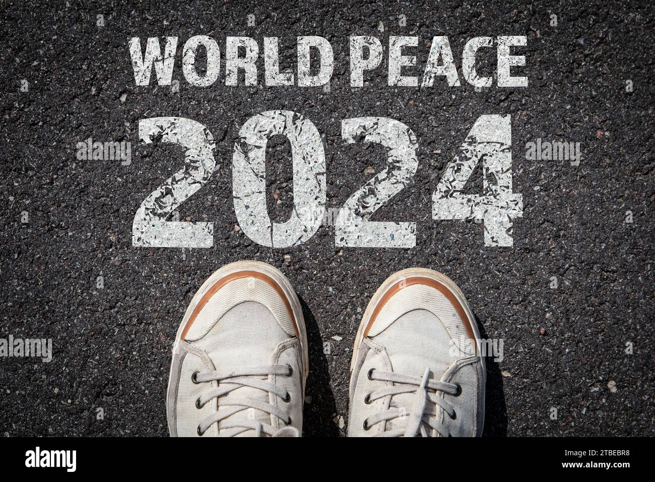 World Peace 2024 concept. Human legs and shoes on asphalt background ...