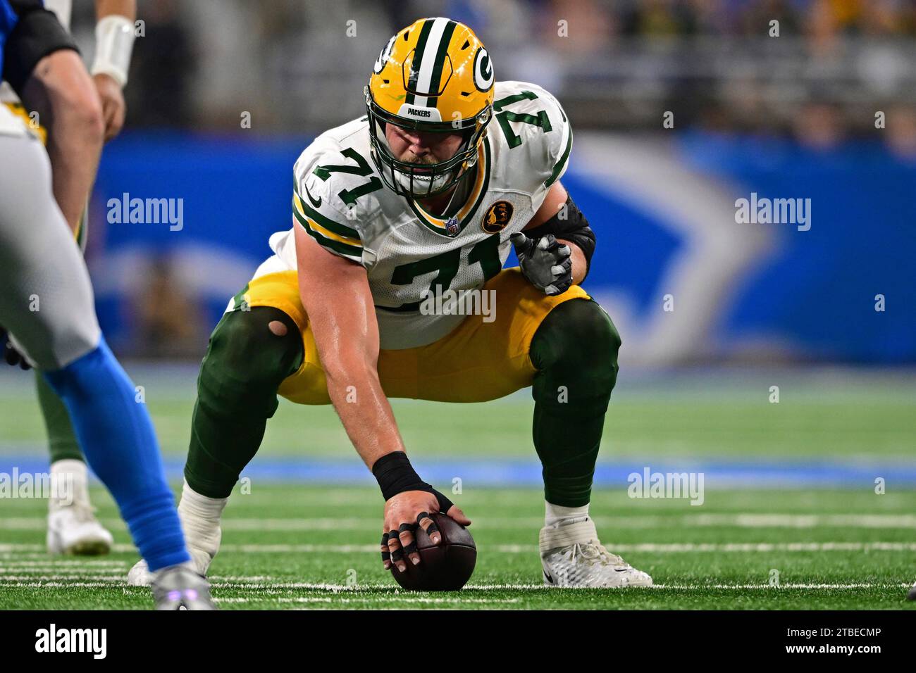 Green Bay Packers center Josh Myers examines the defense during the ...