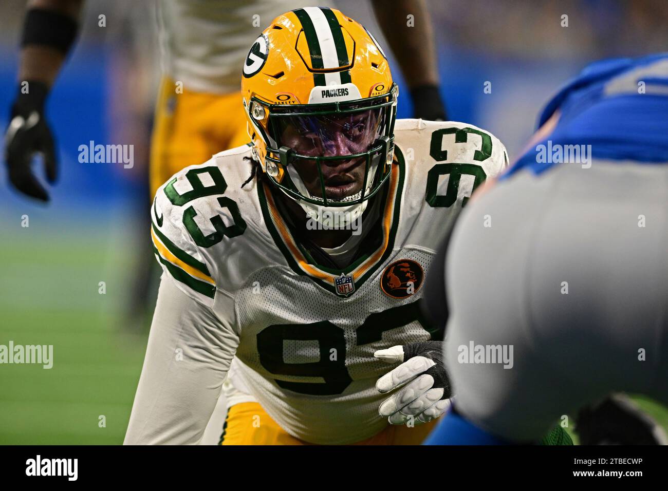 Green Bay Packers defensive tackle T.J. Slaton lines up during the second half of an NFL ...