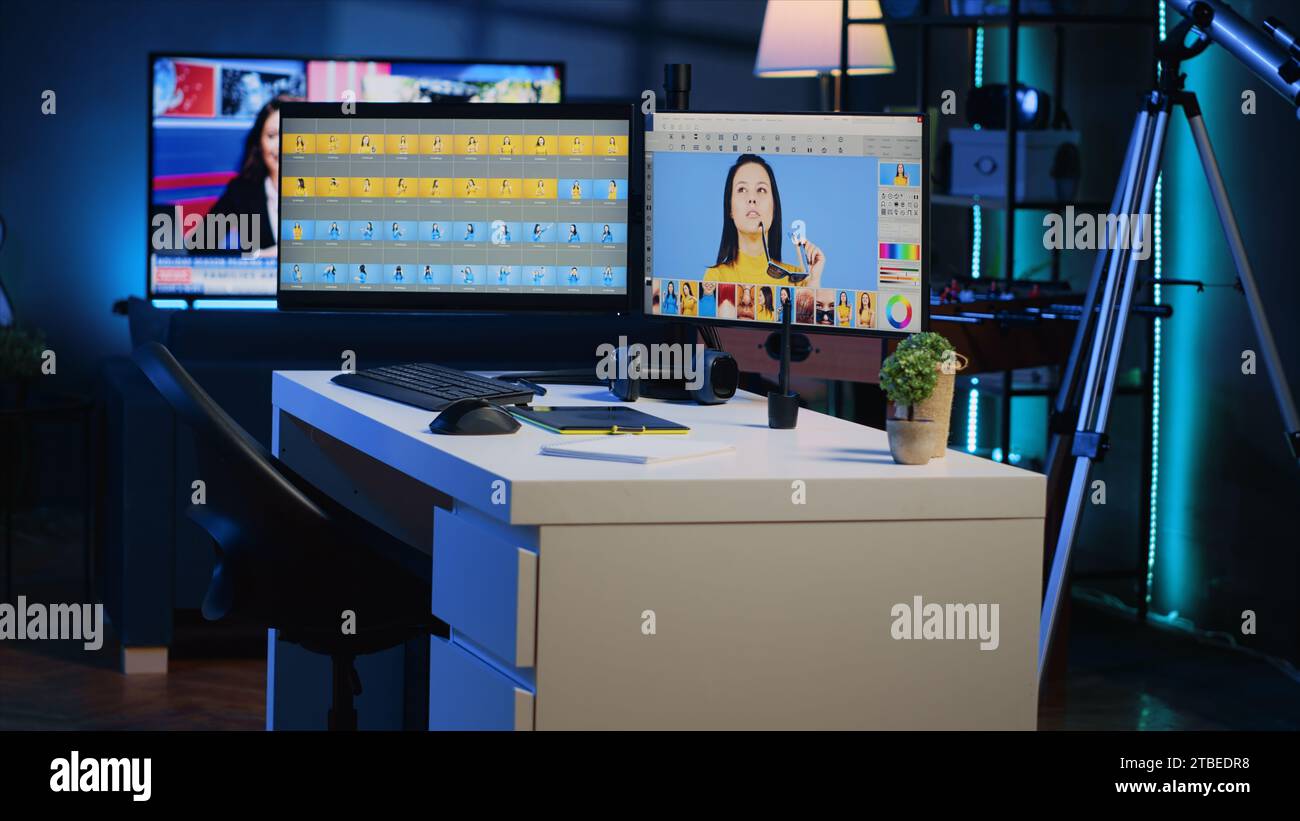 Media company creative office with multi monitors setup used for post ...