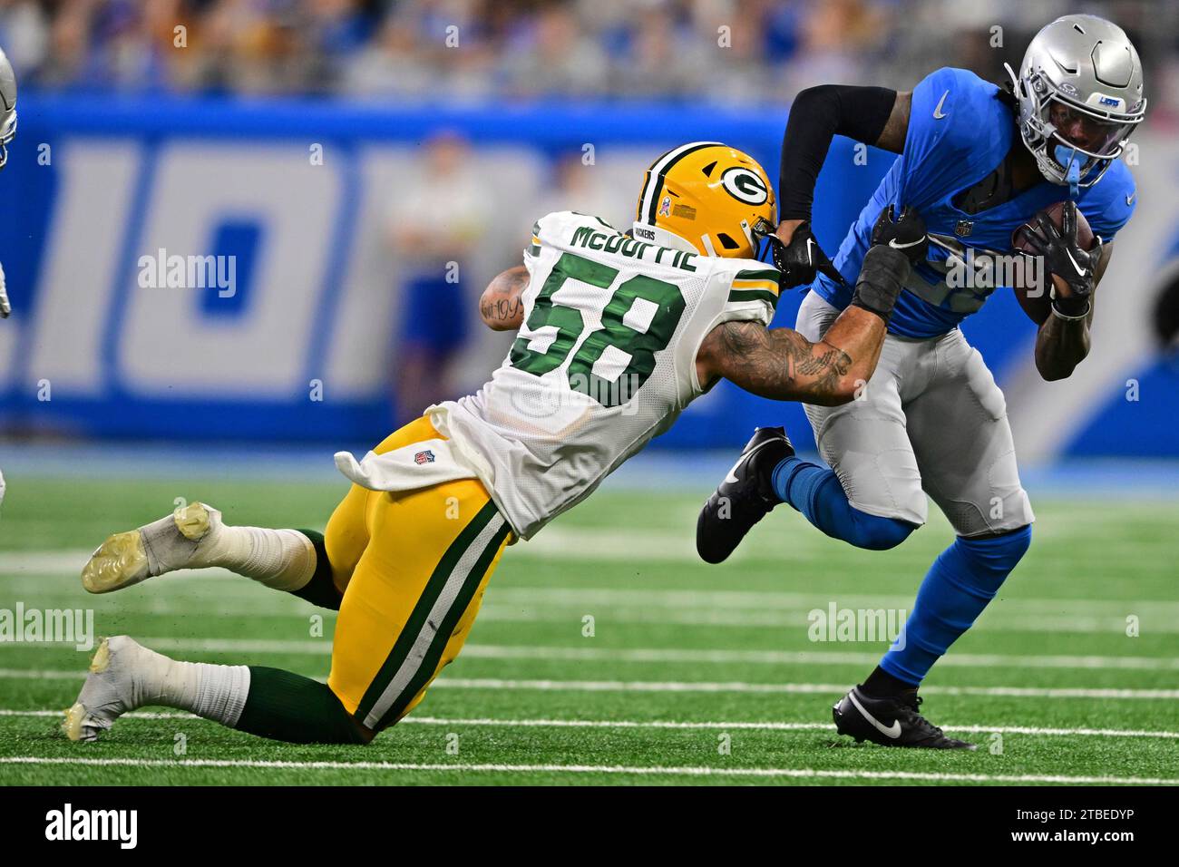 Detroit Lions running back Jahmyr Gibbs is tackled by Green Bay Packers ...