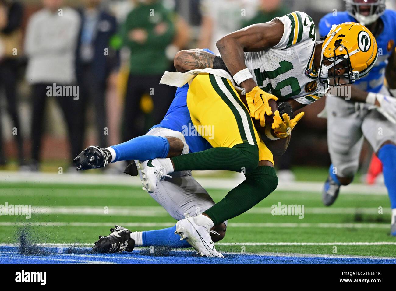 Green Bay Packers wide receiver Malik Heath is tackled by Detroit Lions ...
