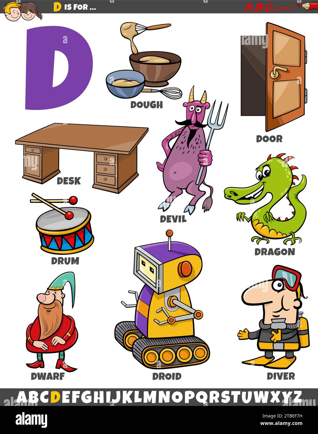 Cartoon illustration of objects and characters set for letter D Stock ...